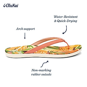 OLUKAI Ho'opio Hau Women's Beach Sandals, Quick-Dry Flip-Flop Slides, Water Resistant Suede Lining & Wet Grip Soles, Soft Comfort Fit & Arch Support, Shell Coral/Pineapple, 8