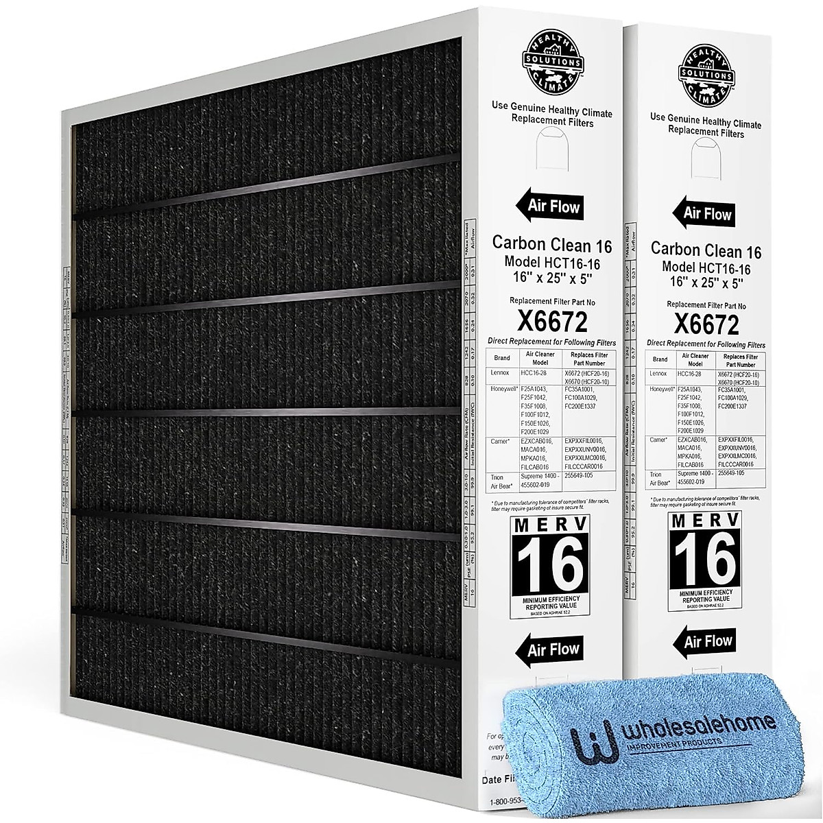 Lennox X6672 16x25x5 Furnace Filter, Merv 16 Carbon Clean Home Air filter for HVAC system 2 Pack with Cleaning Cloth