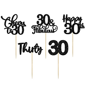 30 Pack Happy 30th Birthday Cupcake Toppers Black Glitter Thirty Cheers to 30 Birthday Cupcake Picks for Happy 30th Birthday Anniversary Party Cake Decorations Supplies