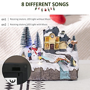 HOMCOM Christmas Village Rotating Skating Pond Animated Winter Wonderland Set with LED Light, Music, Fiber Optic, Battery-Operated Christmas Decoration