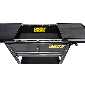 JEGS Heavy-Duty Tool Box Cart | 220 LBS Capacity | Uses Four 4” Caster Wheels | Includes 2 Keyes and 6 Drawer Liners | Black with JEGS Logo | 2 Locking Drawers | Sliding Top