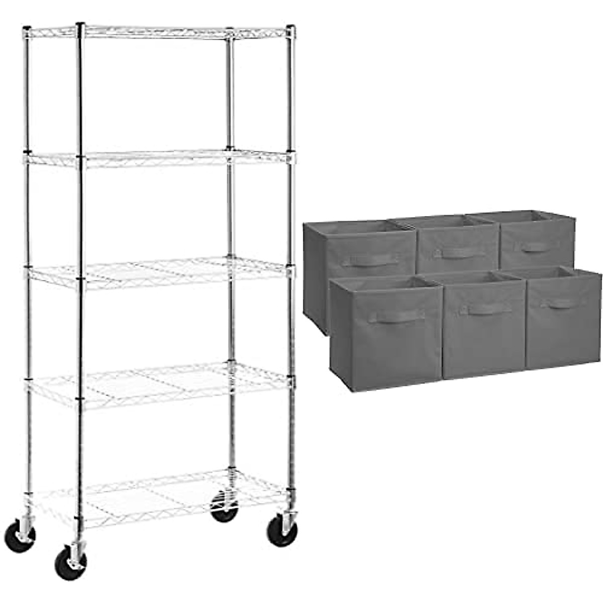 Amazon Basics 5-Shelf Adjustable, Heavy Duty Storage Shelving Unit on 4'' Wheel Casters, Metal Organizer Wire Rack, Chrome & Collapsible Fabric Storage Cubes Organizer with Handles, Gray - Pack of 6