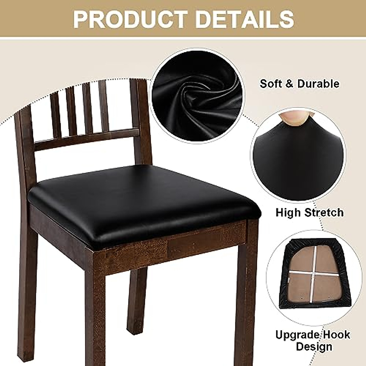 NIBESSER Waterproof Chair Seat Covers Set of 6, PU Leather Dining Chair Seat Covers, Stretch Chair Cover for Dining Room Chairs, Removable Kitchen Seat Cushion Slipcovers Protector (Black)