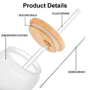 WUWEOT 6 Pack Sublimation Glass Cans, 18 Oz Frosted Sublimation Blanks, Reusable Wide Mouth Mason Jar Tumbler Cups, Beer Can Shaped Glass with Straw and Brush for Iced Coffee, Juice, Soda