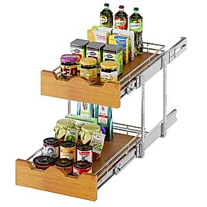 DINDON 2 Tier Pull Out Cabinet Organizer (11" W x 21" D) Slide Out Wood Shelf Organizers Double Tier Kitchen Wire Basket with Chrome Finish…