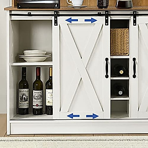 Farmhouse Coffee Wine Bar Cabinet with 6 Hooks, Sliding Barn Door, 47’’ Sideboard Buffet Cabinet with Adjustable Shelf for Kitchen, Dining Living Room, White