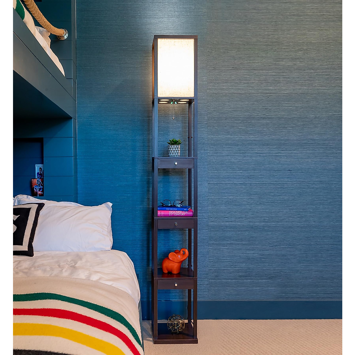 Brightech Maxwell Drawer Edition - Modern Shelf Floor Lamp with Drawer - Corner Display Floor Lamps with Shelves for Living Room, Bedroom and Office - Havana Brown