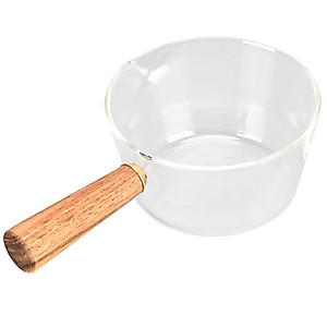 Glass Milk Pot with Wooden Handle, Small Saucepan with V Shaped Spout, Exquisite Workmanship Milk Boiling Pot Multifunction Cooking Utensil for Hot Milk, Salads, Noodles (Small)