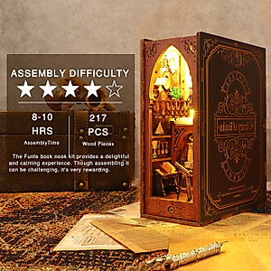 Funle Book Nook Kit for Adult, DIY Miniature Dollhouse Booknook Kit with LED Lights, 3D Wooden Puzzle Bookend for House Home Library Decor