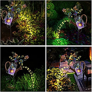 Solar Outdoor Watering Can Lights-Butterfly Decorative Path Lights, Metal Glass Solar Powered Garden Waterfall Decor Ornament for Yard Lighting Outside