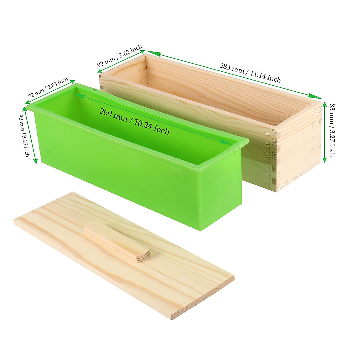 MAHIONG 3PCS 47oz Silicone Soap Molds Kit, Green Rectangular Silicone Loaf Soap Making Molds with 3 Wooden Boxes and 3 Lids, DIY Supplies for Soap Making