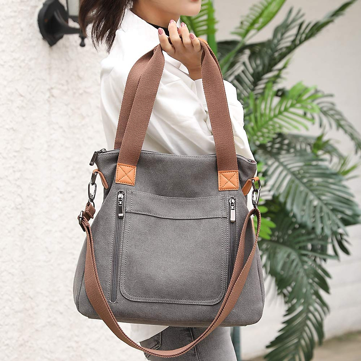JIANLINST Women Canvas Shoulder bags Hobo Tote Bags Casual Satchel Handbags Crossbody Shopper Bags Gray