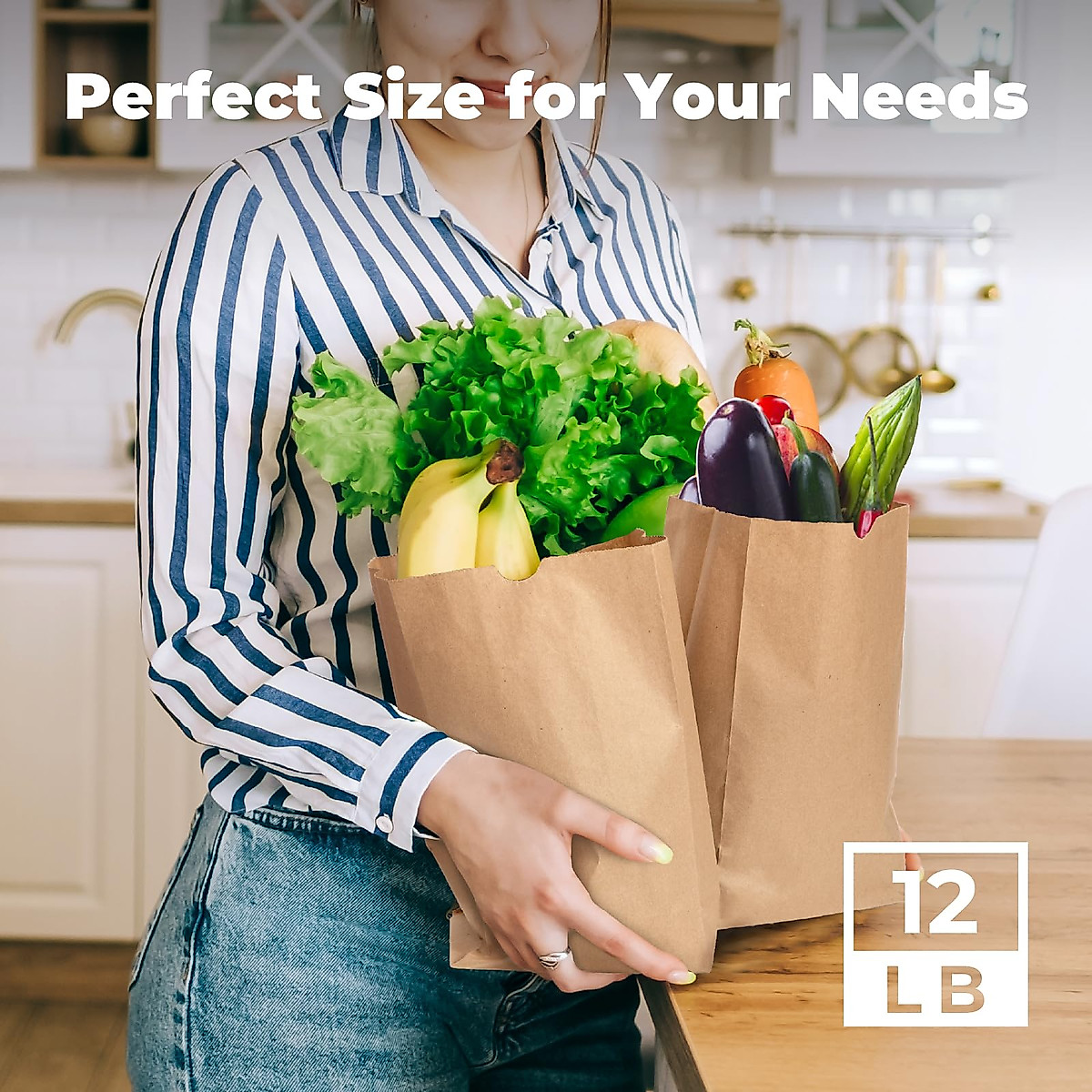 Fit Meal Prep 150 Pack 12 lb Brown Paper Lunch Bags, 13 x 7 x 4.5" Durable Paper Bags Bulk for Packing, Delivery, Take Out, Grocery, Retail Shopping, Premium Kraft Paper Sack for Snacks, Bakery