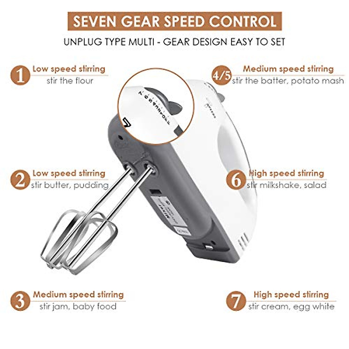 2023 Hand Mixer Electric, 7 Speeds Selection Portable Handheld Kitchen Whisk, 2 Stainless Steel Accessories, Lightweight Powerful Handheld Electric Hand Mixer Grey, Kitchen Mixer with Cord for Cream, Cookies