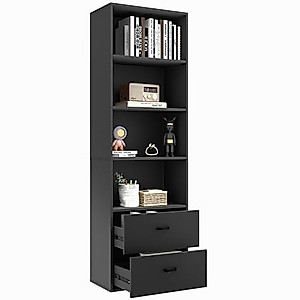 JIMUOO 74’’ Tall Bookshelf with Drawers, 4 Shelf Bookcase with Storage Cabinet, 4 Tier Wooden Book Display Shelf Storage Organizer for Bedroom Office Home Living Room