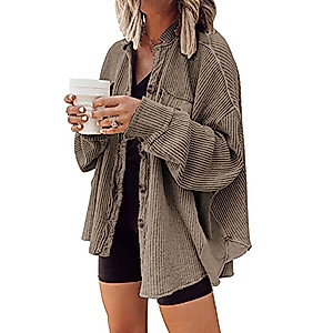 chouyatou Women's Loose Fit Batwing Sleeve Waffle Knit Button Down Shirt Shacket Tops (Large, Coffee)