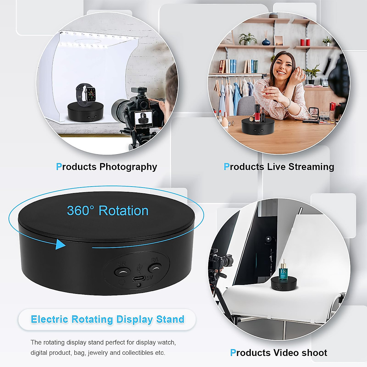 Bosgladek Motorized Rotating Display Stand, 5in/11lbs Load, 360° Rotating Platform for Jewelry Watch 3D Models Cake, Electric Spinning Display Stand for Live Show, Products Video shoot