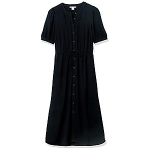 Amazon Essentials Women's Relaxed Fit Half-Sleeve Waisted Midi A-Line Dress, Black, X-Large