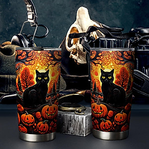 ORCAE 20oz Halloween Pumpkin Ghost Black Cat, Gifts for Cat Lovers, Halloween, Trick or Treat Gifts, Coffee Thermos, Stainless Steel Double Wall Vacuum Insulated Coffee Mug, Travel Cup with Lid - O