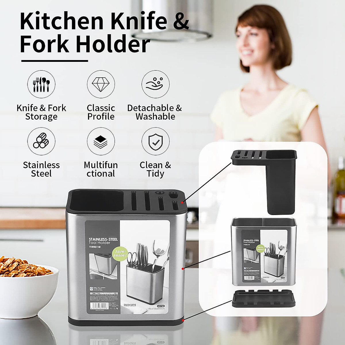 WanWanKa Kitchen Utensil Holder, Rotating Stainless Steel Utensil Caddy with Removable Divider, Countertop Utensil Organizer with Detachable Base