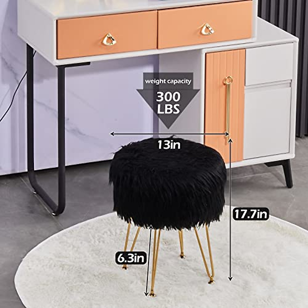 Mxfurhawa Faux Fur Storage Ottoman Round Furry Vanity Stool Marble Grain Tray Coffee Table Compact Footrest Stool with 4 Metal Legs Soft Makeup Seat Foot Stools for Living Room Bedroom Entryway Black