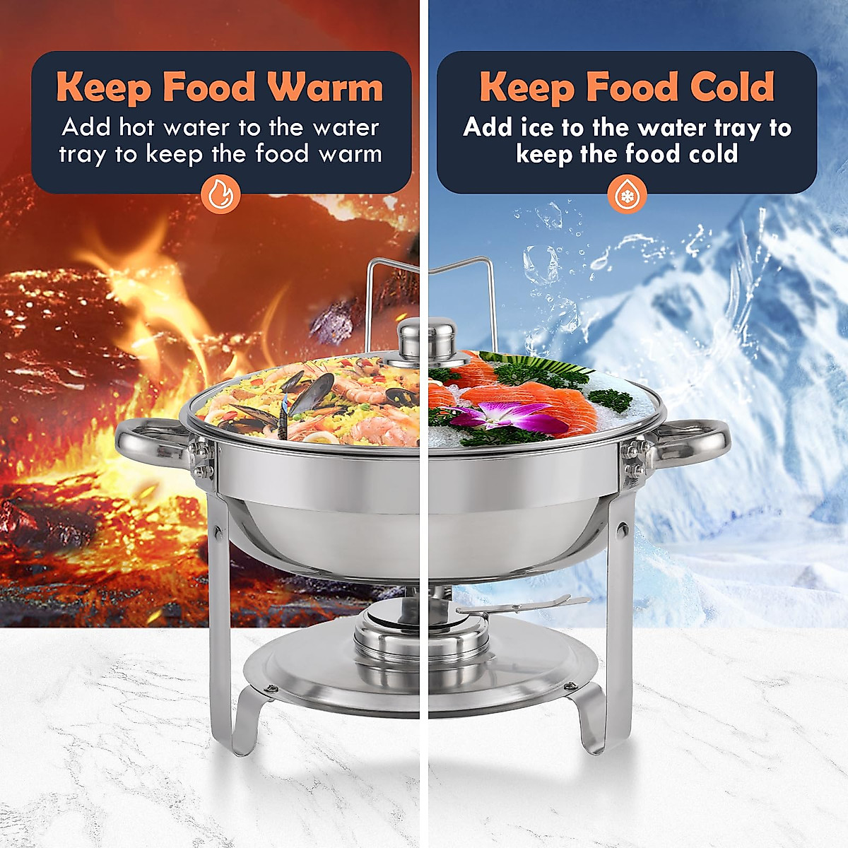 5QT Chafing Dish Buffet Set 4 Packs, Stainless Steel Round Chafers with Glass Viewing Lid & Lid Holder, Buffet Servers and Warmers Set for Dinner, Parties, Wedding, Camping