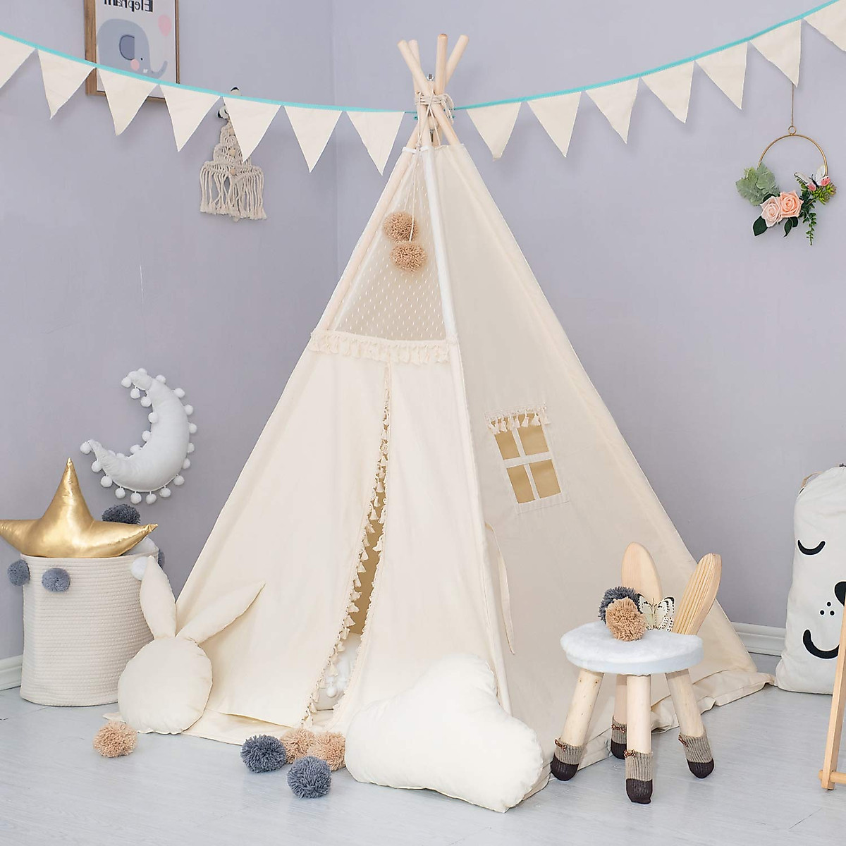 TreeBud Kids Teepee Tent with Padded Mat, Banner, Fairy Lights, Yarn Ball, Carry Bag, Beige Cotton Canvas Play Tent for Child with Tassels Lace, Play House Tipi for Kids Room Decor