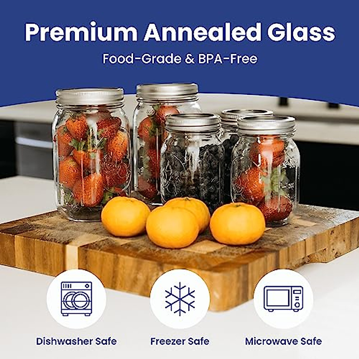 Wallaby 32oz Wide Mouth Clear Mason Jars with Lid & Seal Bands - Airtight Glass Container for Canning, Pickling, Food Storage, Candles, Home Decor, Overnight Oats, Fruit, Jam, Jelly, or DIY (2-Pack)