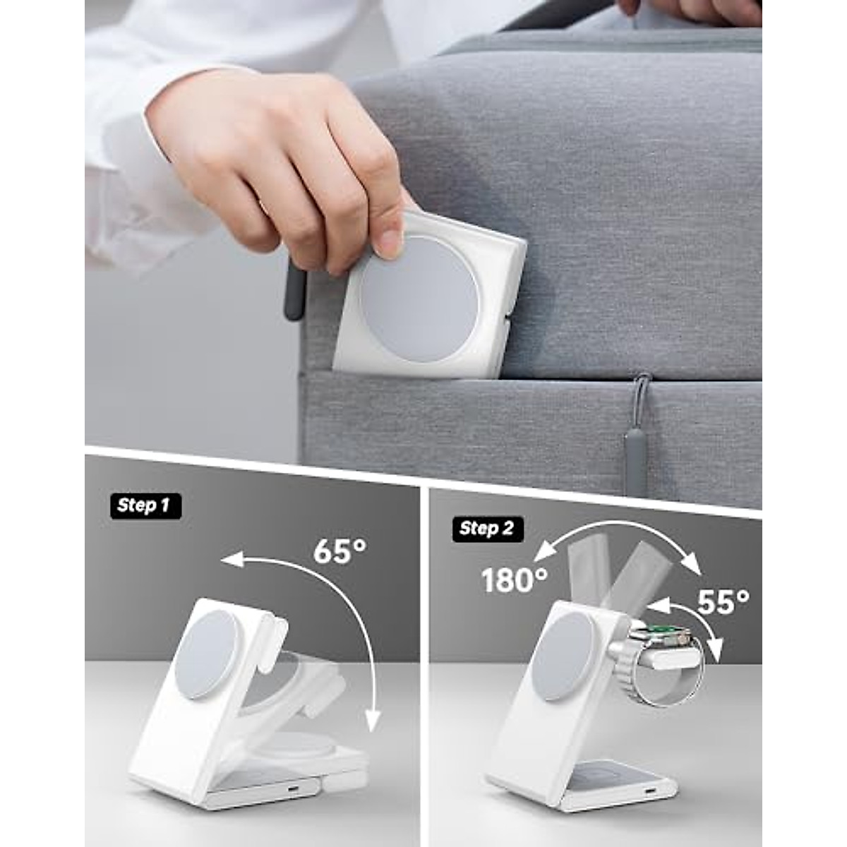 FACBINY 2024 Upgraded 3-in-1 Magsafe Charger Stand,Magnetic Foldable Wireless Charging Station for Multiple Devices Apple with 20W Adapter,for iPhone 15/14/13/12 Series,Apple Watch,AirPods (White)