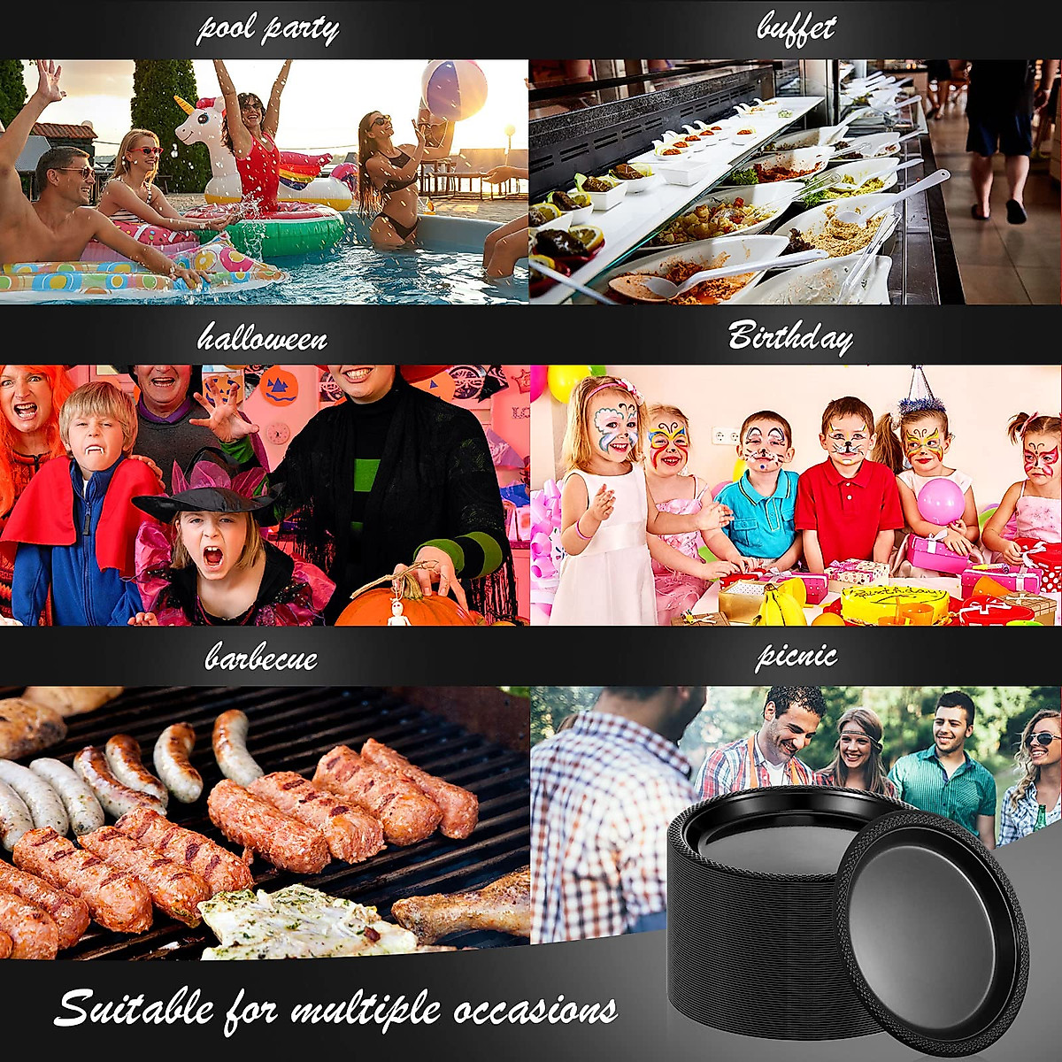 200 Pieces Black Plastic Plates Bulk Disposable Round Plates Black Party Supplies 6 Inch 7 Inch Plates Set for Salad Dessert Cake Home Birthday Wedding Party Event Picnic Dinner BBQ Plates Pack