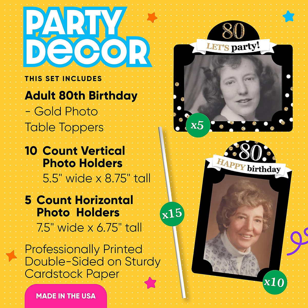 Big Dot of Happiness Adult 80th Birthday - Gold - Birthday Party Picture Centerpiece Sticks - 80th Birthday Party Decorations - Birthday Party Decor -80th Birthday Photo Table Toppers - 15 Pieces