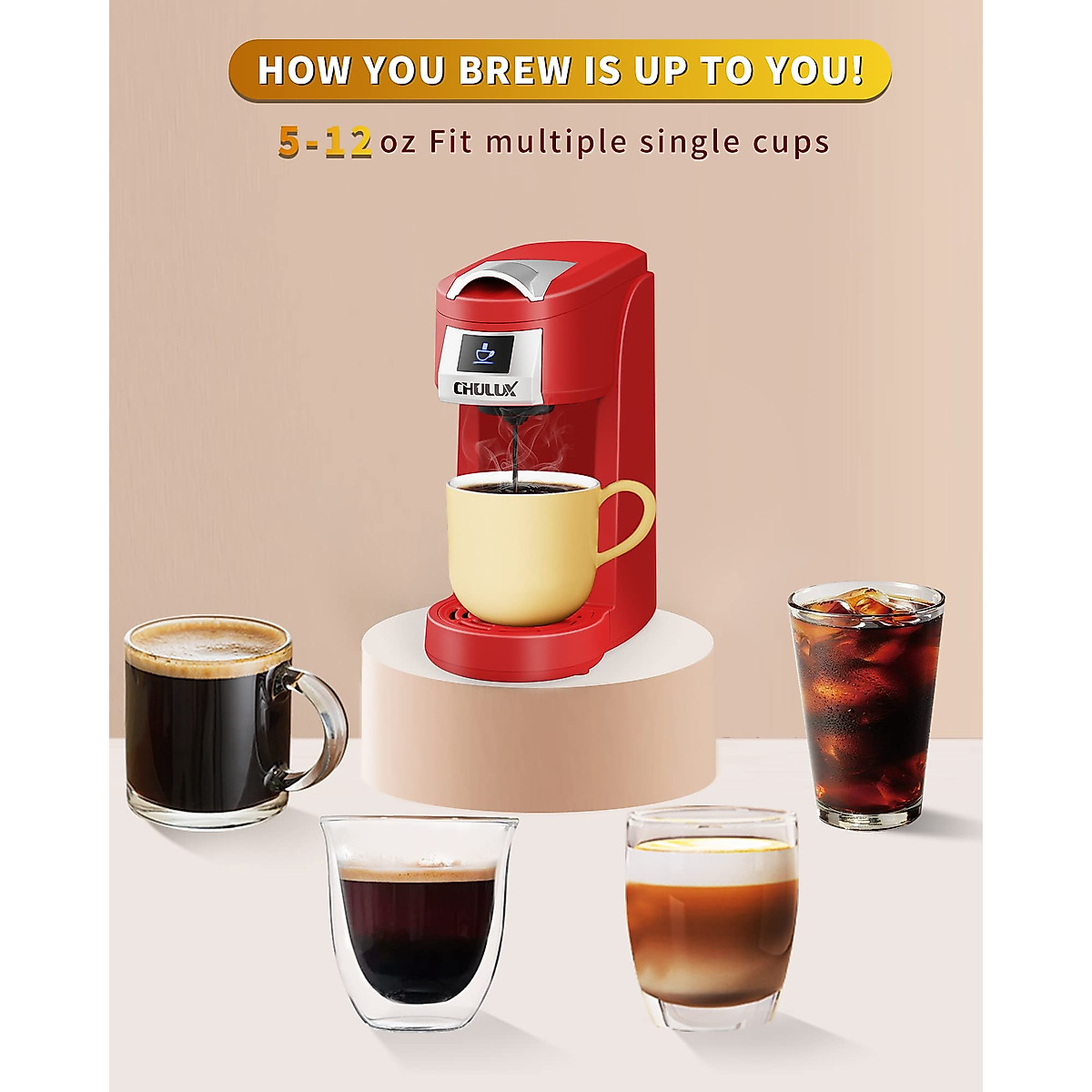 CHULUX Single Serve Coffee Maker, Red Single Cup Coffee Machine for K Cup & Ground Coffee, 5 to 12oz Brew Sizes in Mins for Home, Office, Travel, Kitchen