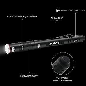 YICORPS Rechargeable Pen Light Flashlight 300 Lumens 3 Lighting Modes Handheld Pocket Small Flashlights with Clip, Zoomable Waterproof Perfect for Emergency, Inspection, Repair, Camping