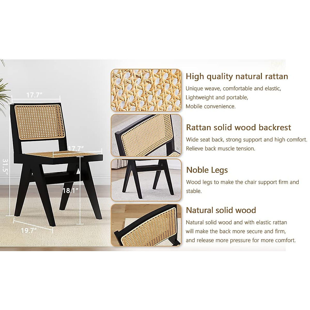 Way2Furn Rattan Chair Set of 2, Mid Century Modern Chair for Kitchen, Cane Dining Chair with Cane Back & Wood Base, Dining Room, Study Room, Living Room, Yard, B&B, Teahouse, Hotel, (Black)