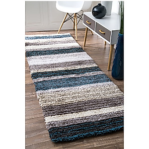 nuLOOM Drey Striped Shag Area Rug - 2x6 Runner Shag Rug Casual Blue Multi/Brown Rugs for Living Room Bedroom Dining Room Nursery Entryway Hallway