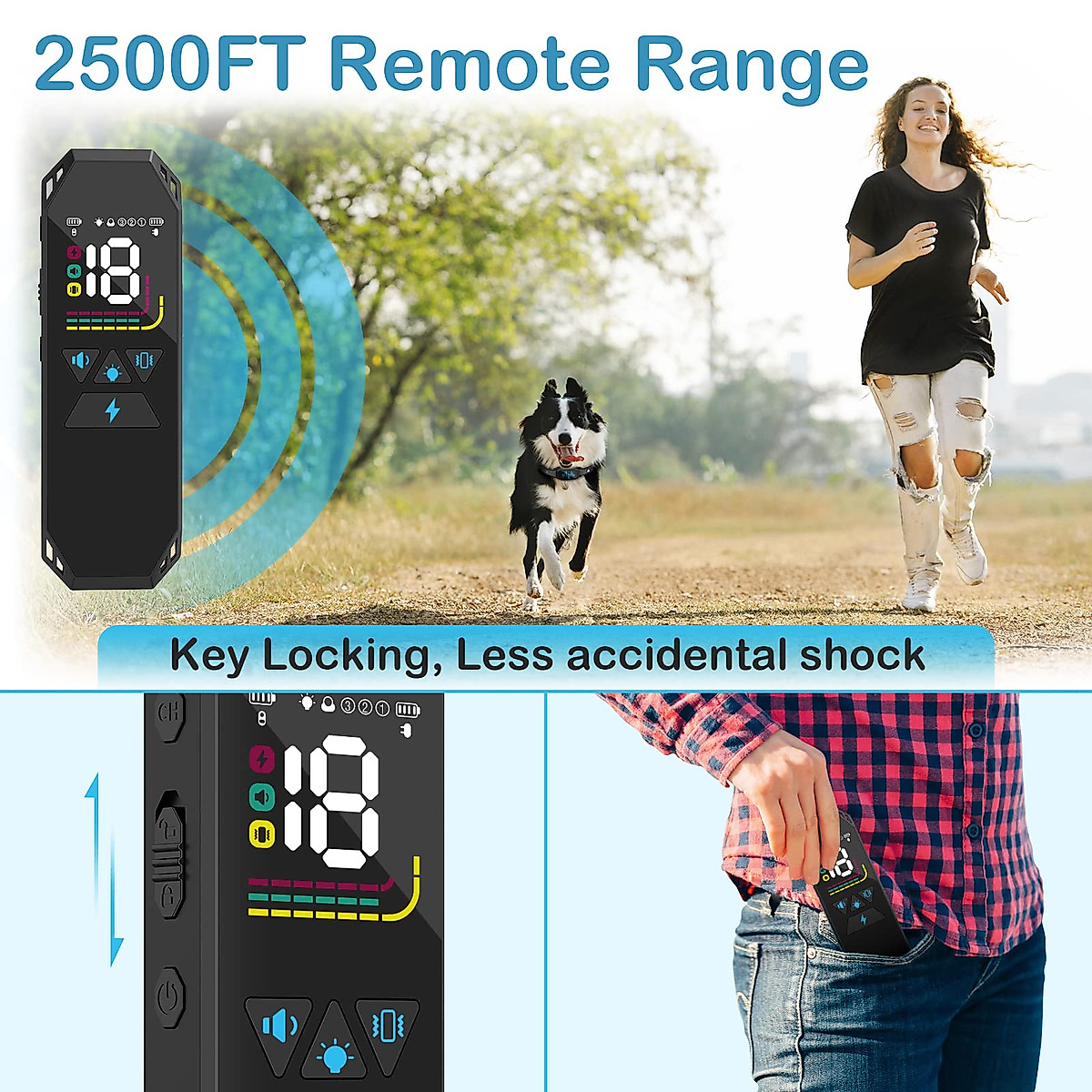 Dog Training Collar for Large Dog, Dog Shock Collar, 4 Training Modes Beep,Vibration,Electric Shock,Dog Finder,Rechargeable IP67 Waterproof E-Collar with Remote 2500FT