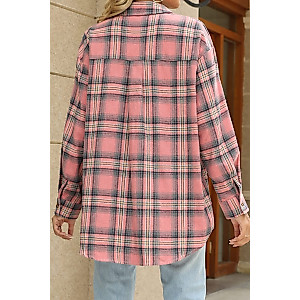 CHYRII Womens Button Down Flannel Shirts Long Sleeve Plaid Shacket Business Casual Blouse Topss Pink -7122 L