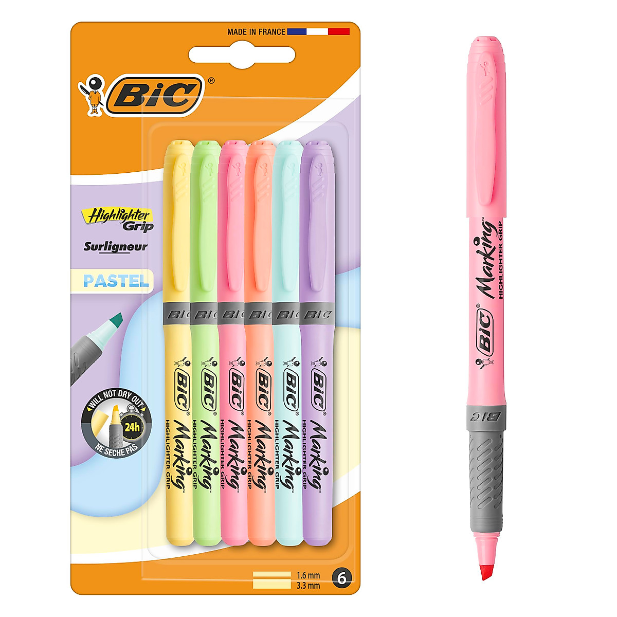 BIC Highlighter Grip Pastel, Highlighter Pens with Adjustable Chisel Tip, Rubber Grip for Extra Comfort, Assorted Colours, Pack of 6