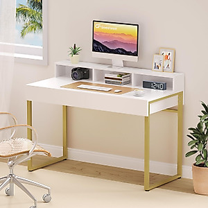GreenForest Vanity Desk with 2 Drawers, White Makeup Desk with 3 Storage Spaces, 40 inch Small Desk with Gold Metal Legs, Modern Home Office Desk for Kids, Bedroom (No Mirror)