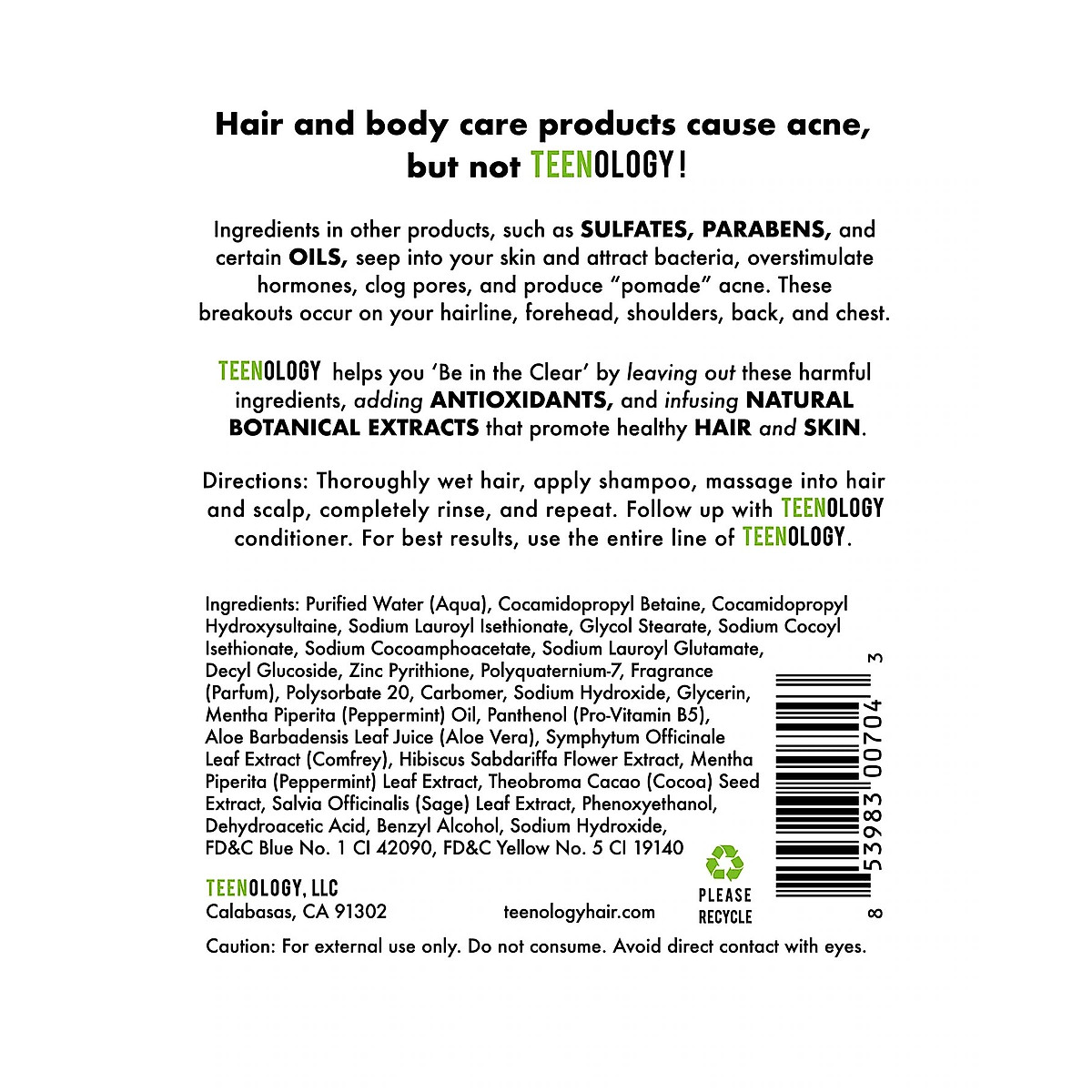 Teenology Shampoo for Teens - Avoid Forehead and Body Acne - No Sulfates or Parabens, Noncomedogenic, Natural Botanical Extracts, 16 oz. (Sweet Mint)