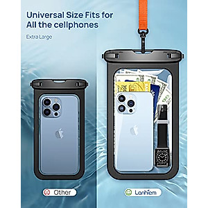 Lanhiem 10.5" Large Waterproof Phone Pouch, 2 Pack Universal IPX8 Waterproof Dry Bag with Lanyard for iPhone 14/13/12 Pro Max, Samsung Galaxy S23 Ultra, S22 S21 S20 FE, Google Pixel 7 6A, Black+Black
