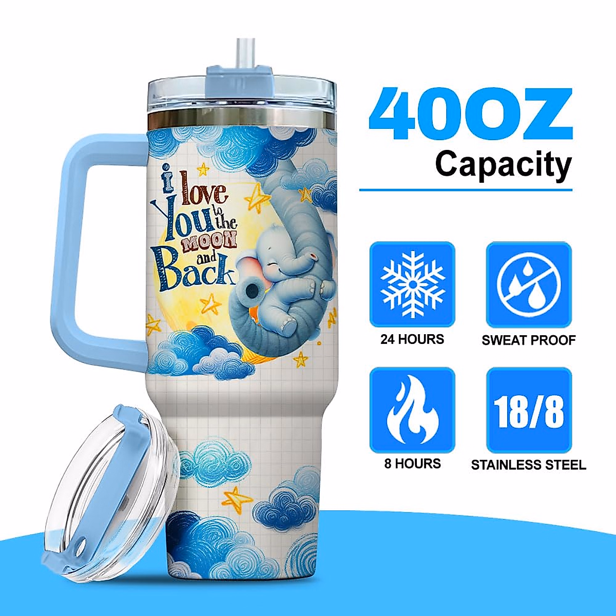 99OWL Mom Gifts, Women Cups Mama Funny Light Mothers Mother To Tumblers Cup Handle Day Navy Be Coffee Momma Blue, Being Mom Elephant, Tumbler 40 Oz With Handle Lid And Straw