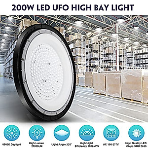 CheDux 200W UFO LED High Bay Light 4 Packs,20000LM High Bay LED Lights, 6500K Daylight White Ultra Thin LED Warehouse Lighting,IP65 Waterproof UFO Commercial Bay Lighting for Garage Workshop Gym