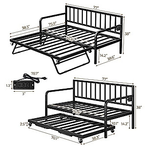 Rolanstar Daybed with Charging Station and LED Lights, Height Adjustable Twin Daybed with Trundle, Metal Sofa Bed Frame with Steel Slat Support for Living Room, Bedroom and Guest Room, Black