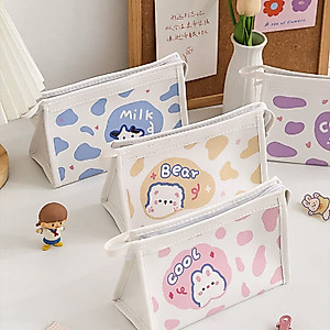 Aufruh Cow Pencil Case PU Leather Cute Cartoon Animal Pencil Pouch Blue Make Up Case Cosmetic Bag Stationary Kawaii Pencil Box