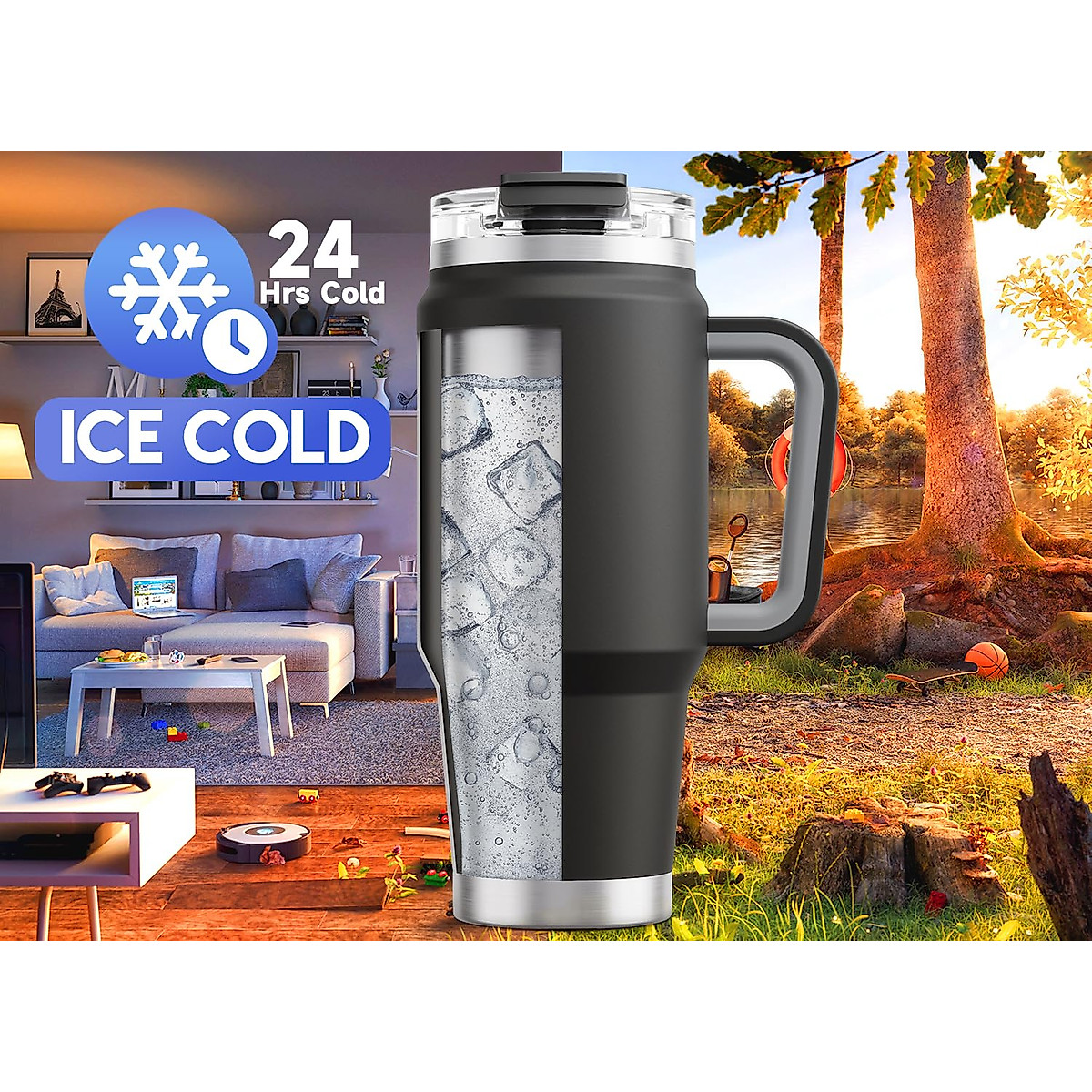 Meoky 32 oz Tumbler with Handle, Insulated Tumbler with Lid and Straw, Stainless Steel Travel Mug, Keeps Cold for 24 Hours, 100% Leak Proof, Fits in Car Cup Holder (Night)