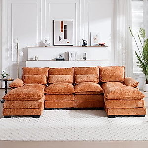 GNIXUU 110" Sectional Sofa Cloud Couch for Living Room, Modern Chenille U Shaped Couch, Comfy Modular Sofa Sleeper with Double Chaise & Memory Foam(Orange)