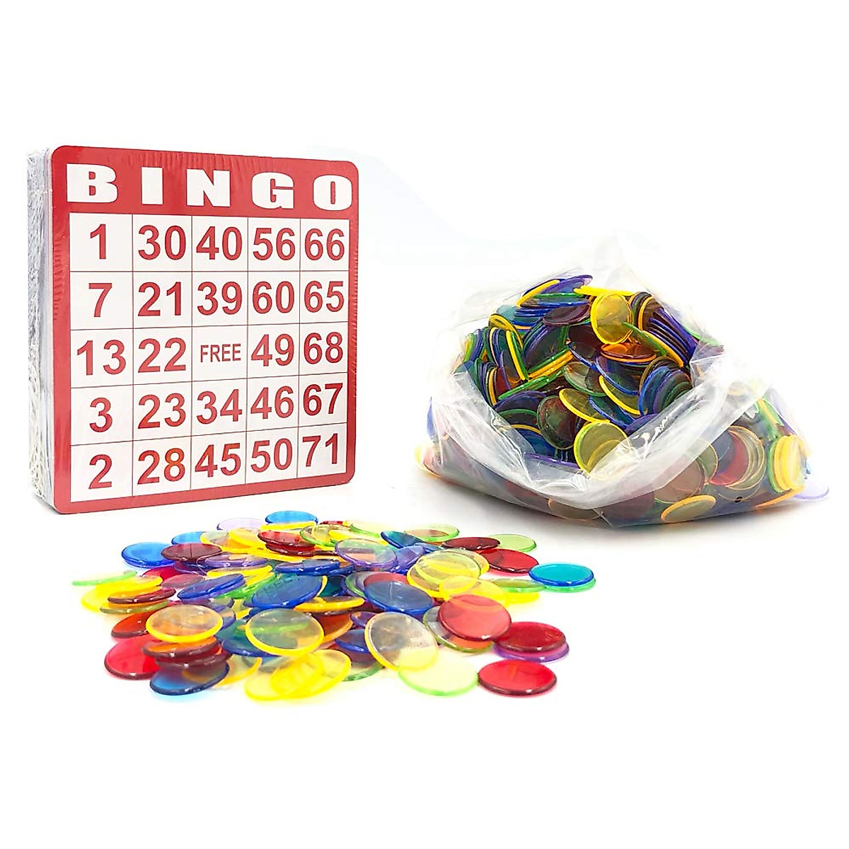 YH Poker Yuanhe Bingo Cards Game Set - Includes 100 Bingo Cards and 1000 Colorful Transparent Bingo Chips, Great for Bingo Games,Card Games, School Classroom Games,Family Gathering Activity
