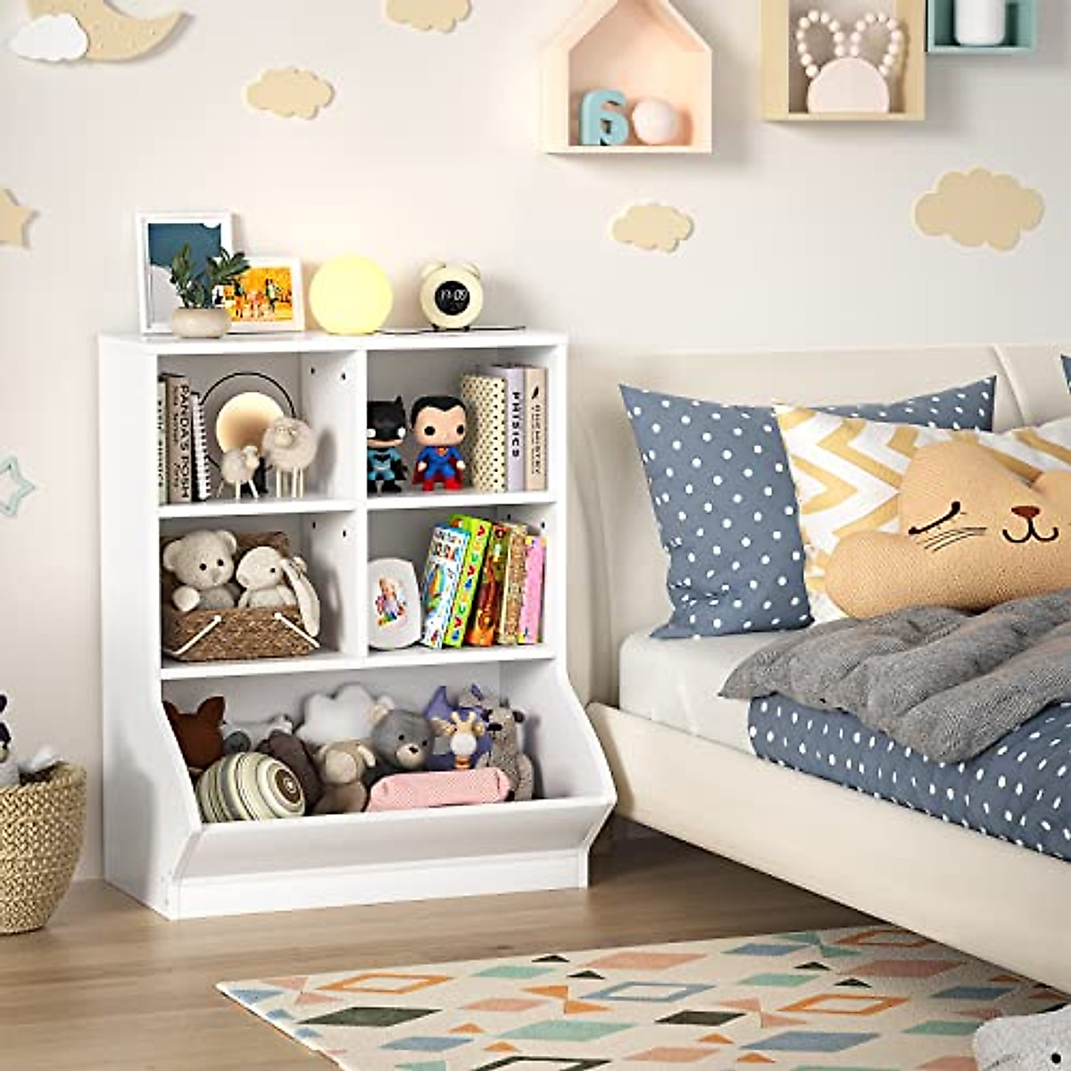 Aheaplus Toy Storage Organizer with Bookcase, 5 Cubby Bookshelf Toy Storage Cabinet, Open Multi-Bins Toys&Books Storage Display Organizer for Playroom, Bedroom, Nursery, School, White