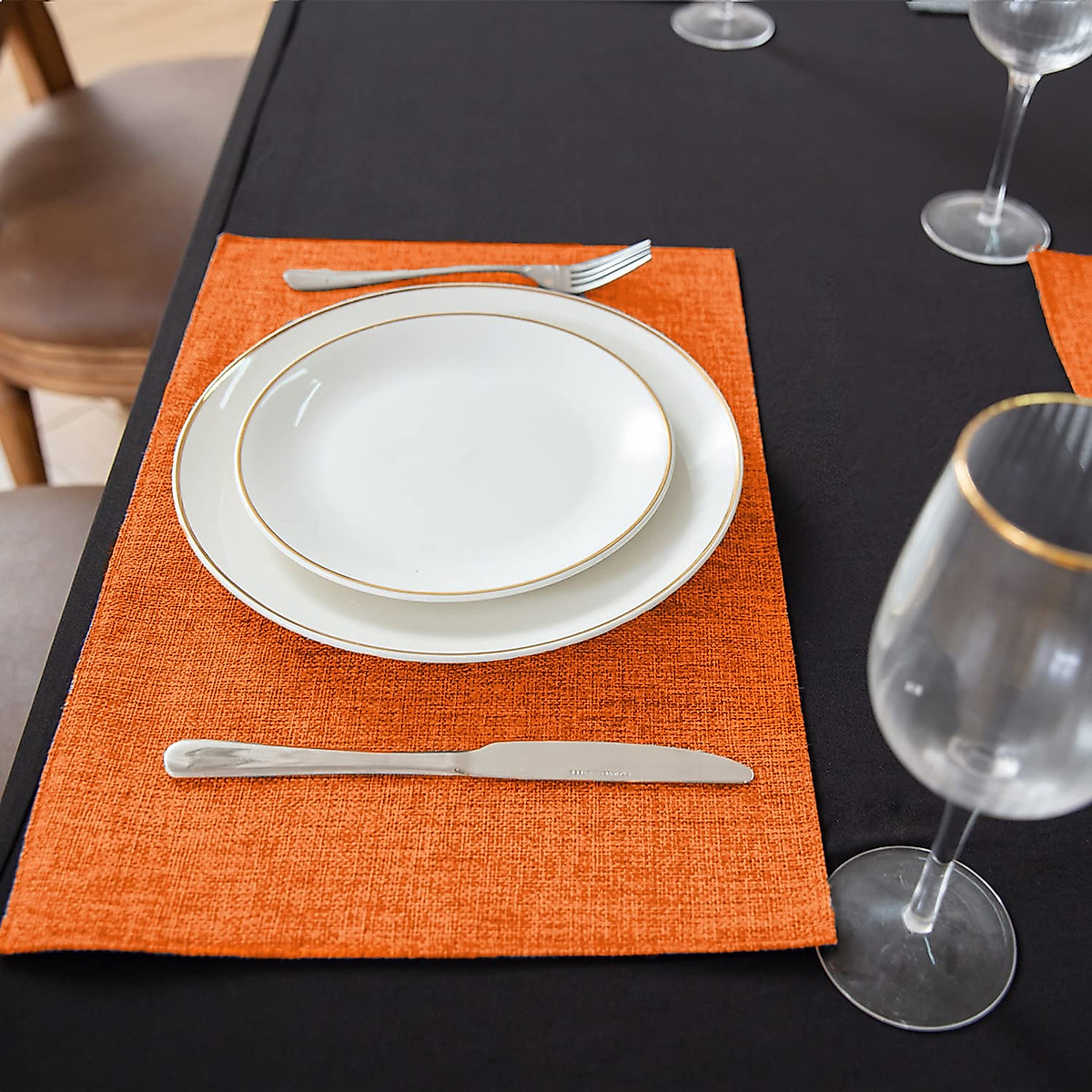 Rinpon Cloth Placemats Set of 8, Linen Type Fabric Placemats Machine Washable Placemats Heat Resistant Placemats Wrinkle Free Thick Polyester Kitchen Place Mats for Dining Table (Orange)